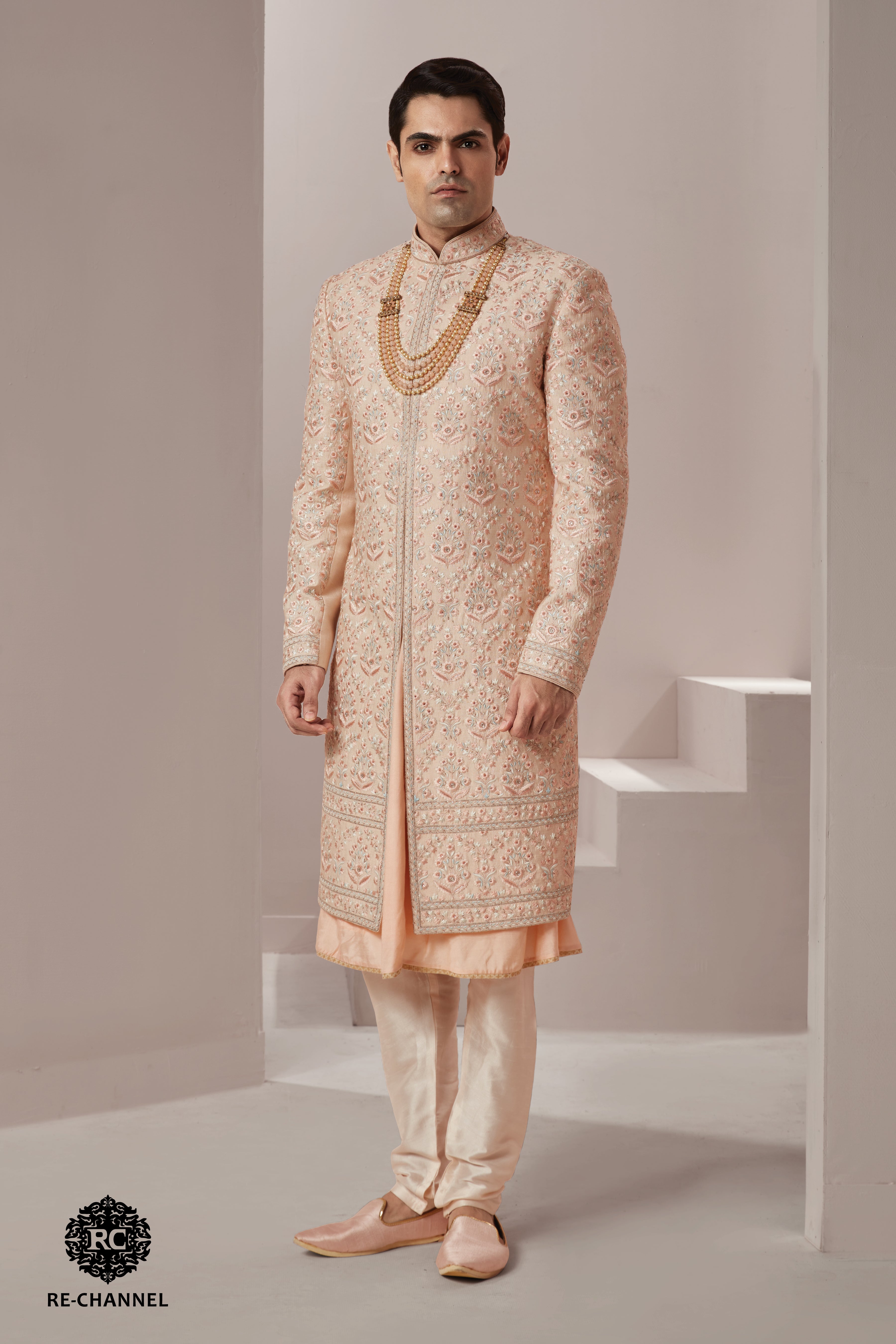 Light Peach Silk Sherwani with Pastel Floral Work – Rechannel Fashions