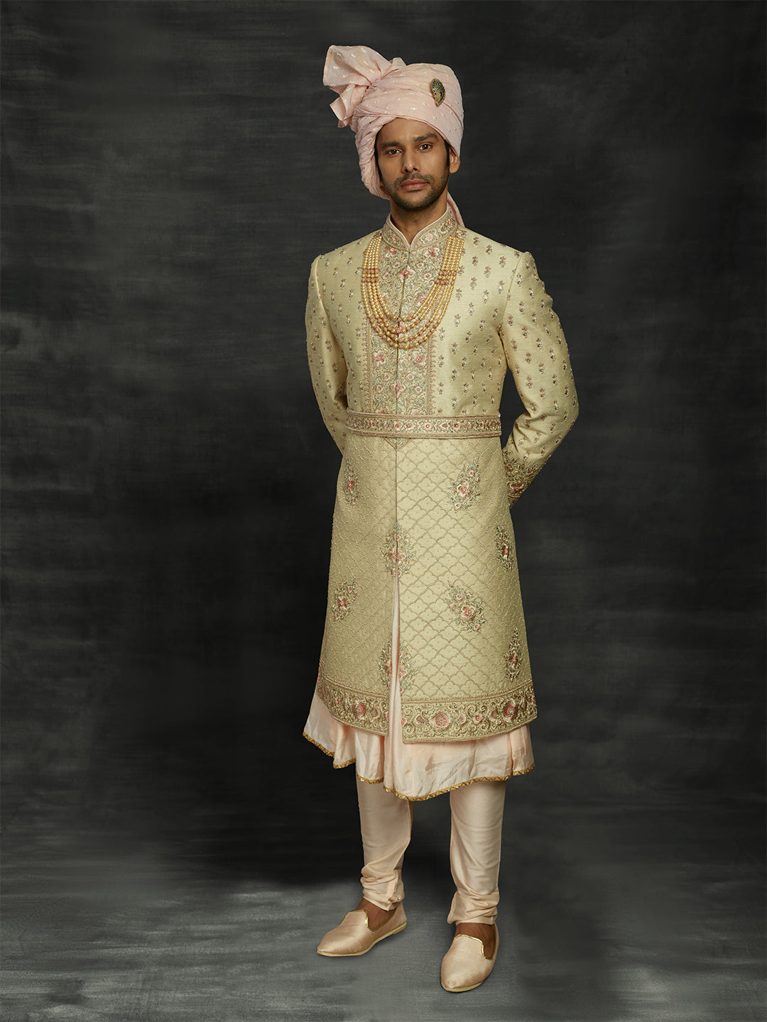 Cream sherwani with peacock feather motifs – Rechannel Fashions
